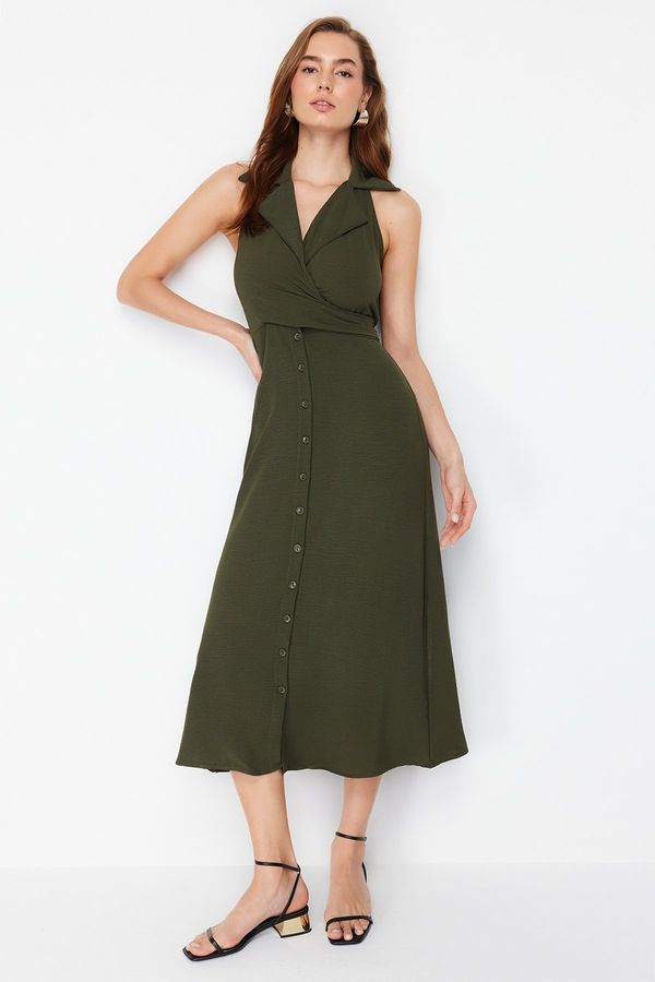 TRENDYOL KHAKI TIE-DETAILED MAXI WOVEN SHIRT DRESS