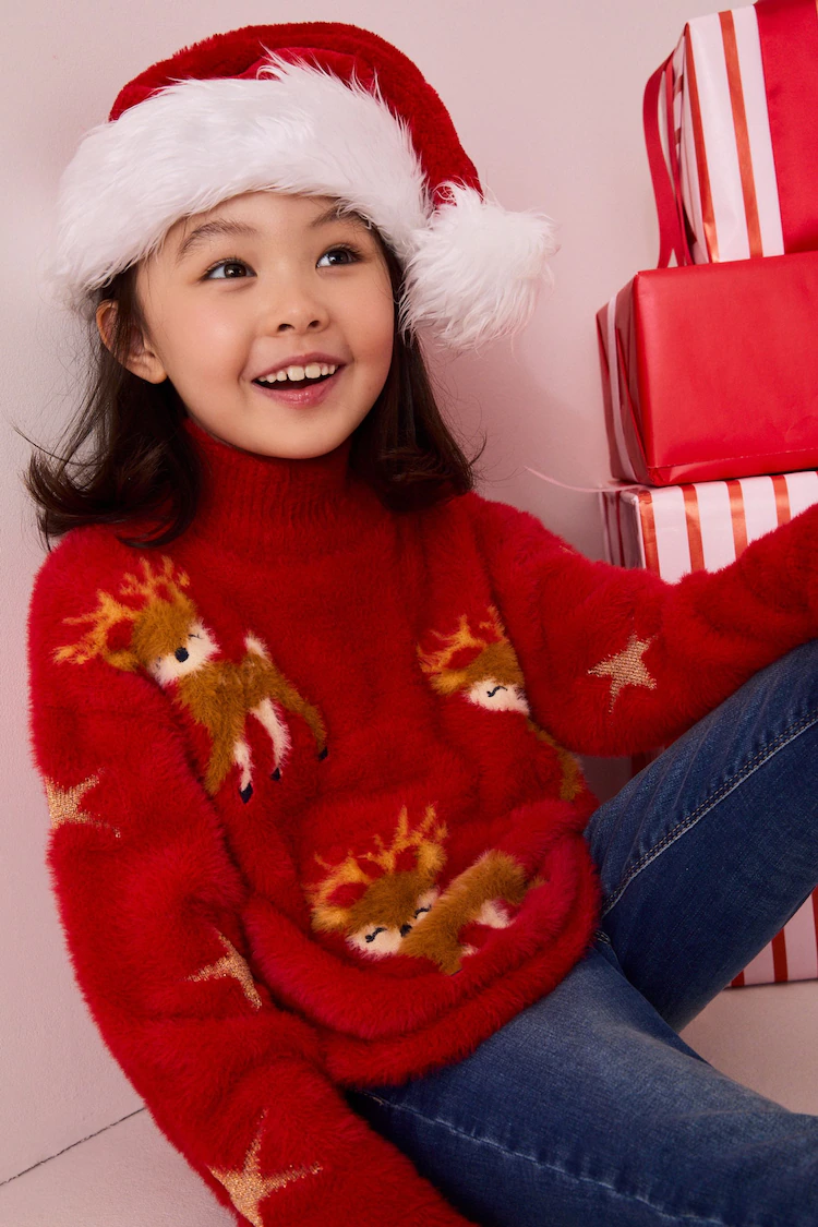 Red Fluffy Reindeer Jumper (3-16yrs)