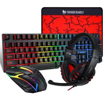 T-WOLF TF800 GAMING KEYBOARD + MOUSE + GAMING HEADSET + MOUSE PAD COMBO LED BACKLIT WIRED GAMER BUNDLE FOR GAMING/WORKING