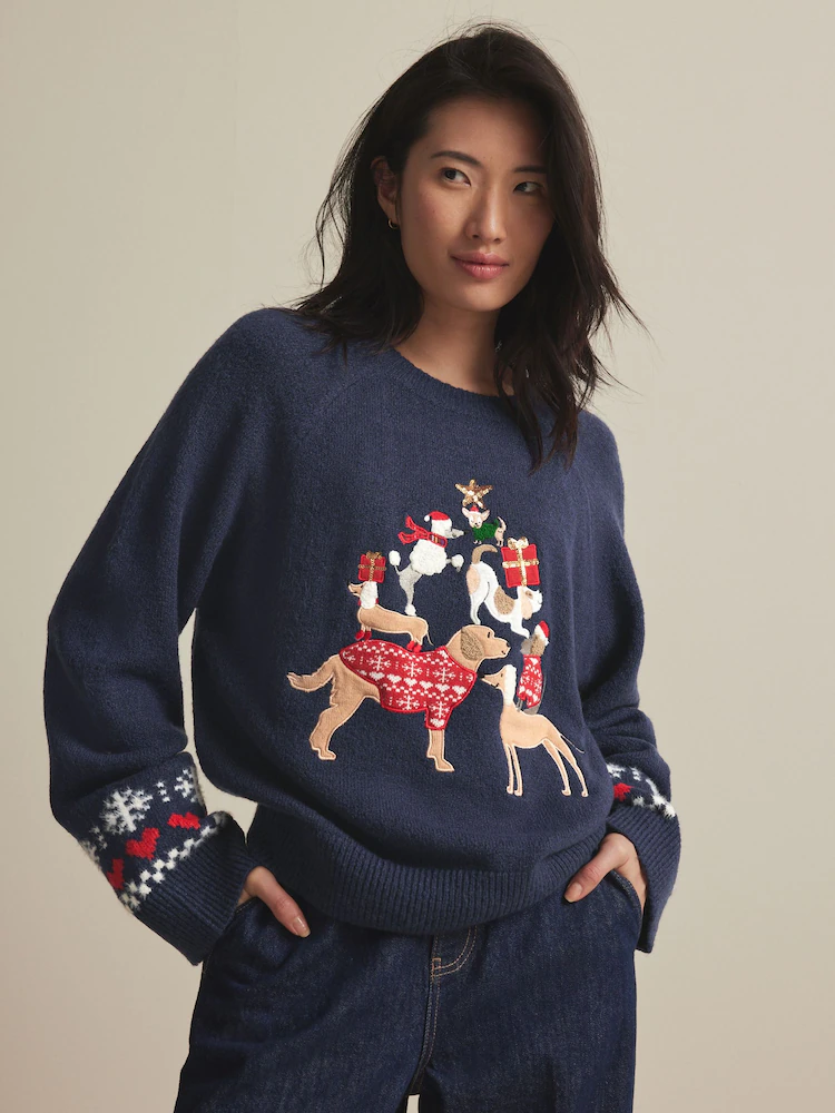 Blue Navy Dog Graphic Knitted Christmas Jumper