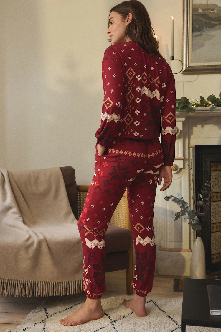 Burgundy Red Fairisle Pattern Cosy Long Sleeve Pyjamas