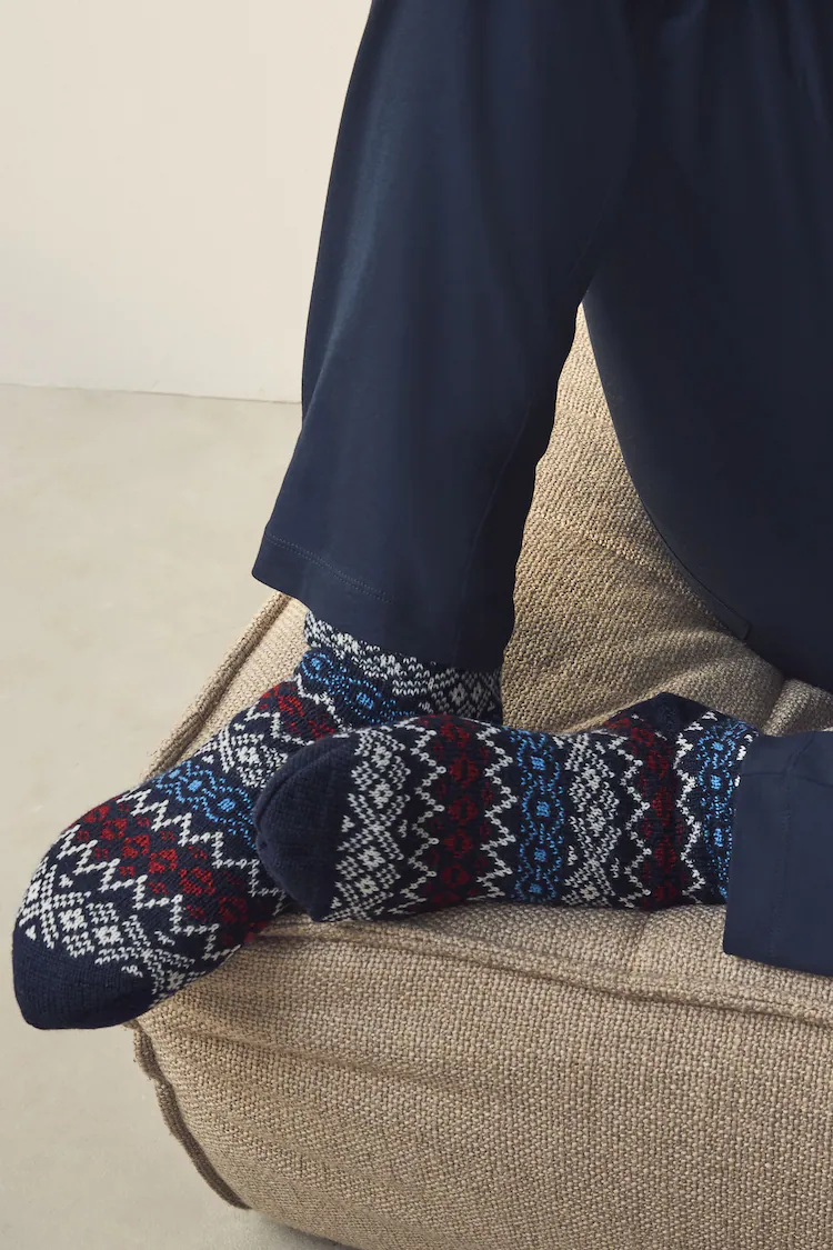 Red/Blue Fairlisle Knitted Slipper Socks 1 Pack