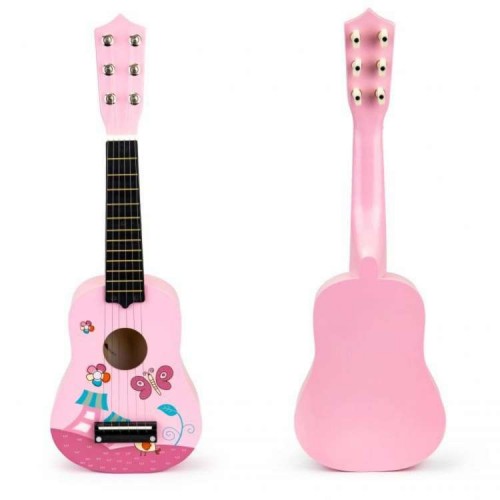 Drvena gitara za decu sa metalnim žicama pink