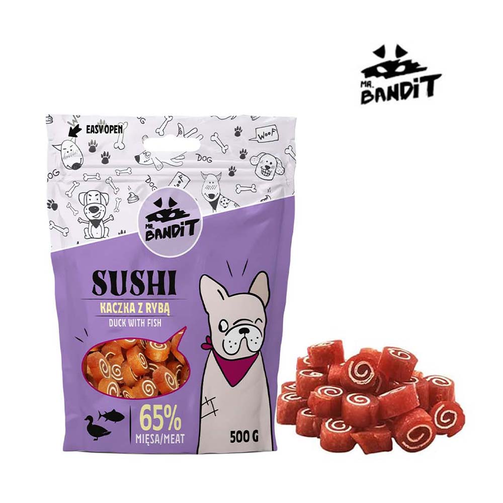 Mr.Bandit Sushi – Pačetina i Riba, Poslastica za Pse – 80g
Title