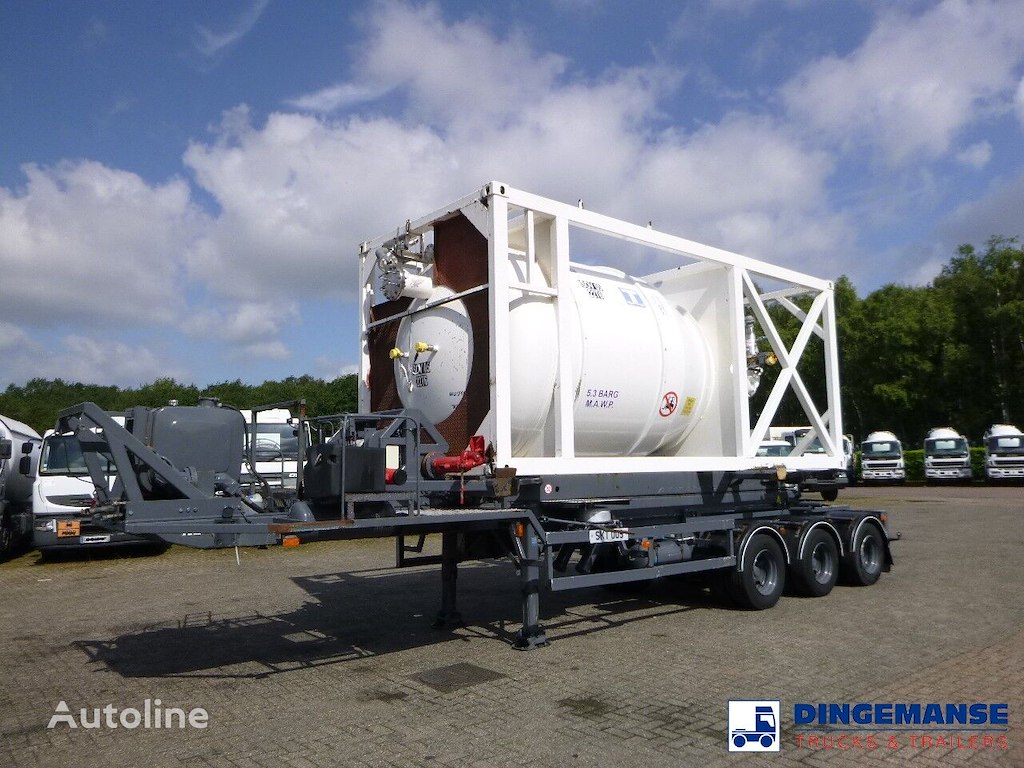 HTS 3-axle container trailer (sliding, tipping) + 20 ft ISO silo tan kiper