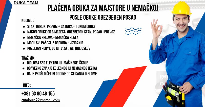 PLAĆENA OBUKA ZA MAJSTORE U NEMAČKOJ