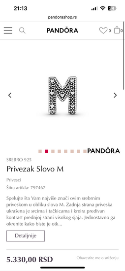 Pandora privezak slovo M