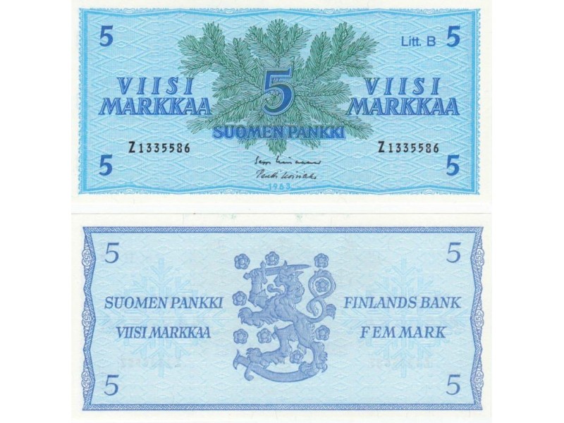 FINLAND Finska 5 Markkaa 1963 UNC, P-106a