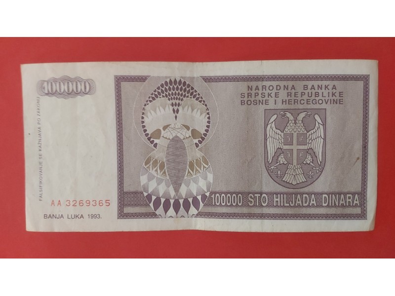 100.000 dinara 1993 god Republika Srpska Vf