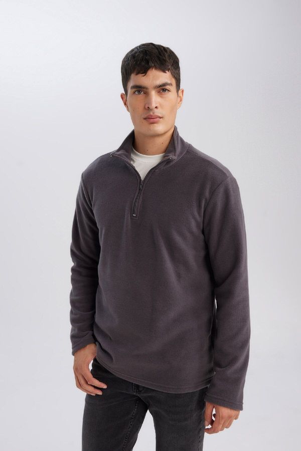 DEFACTO Anthracite Non-Pilling Cold-Proof Regular Fit Stand-up Collar Zippered Polar Fleece Sweatshirt Y3996azns