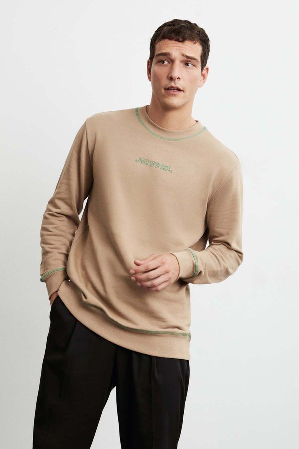 GRIMELANGE ALBERT MEN'S ROUND NECK FLEECE PRINTED AND CONTRAST STITCHED BEIGE SWEATSHIR