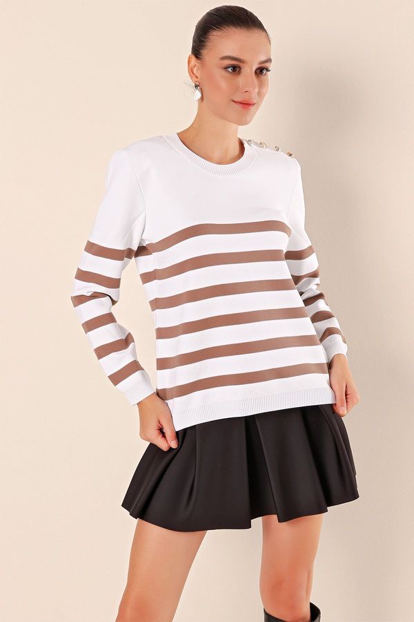 BIGDART 15820 BUTTON DETAIL STRIPED SWEATER - C. MINK