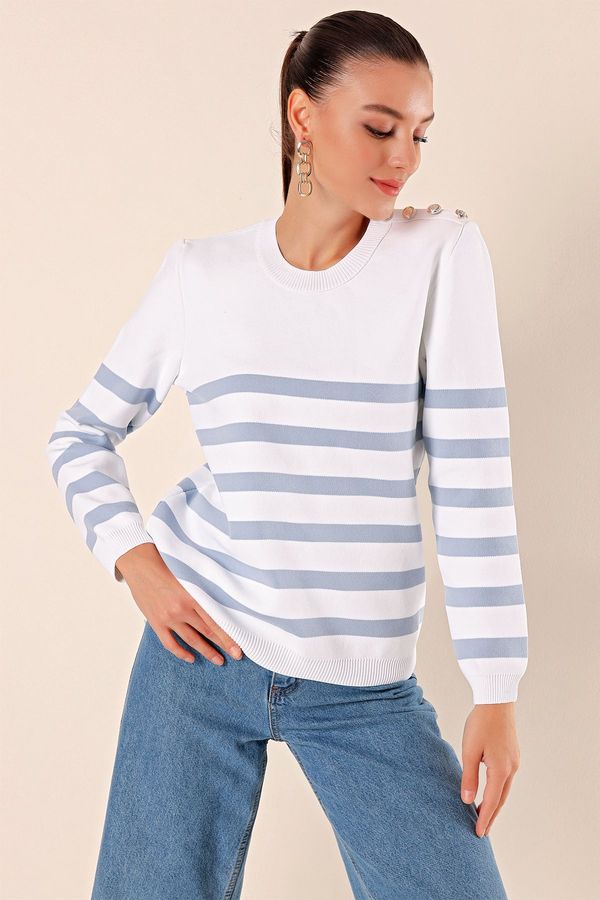 BIGDART 15820 BUTTON DETAILED STRIPED SWEATER - C. INDIGO