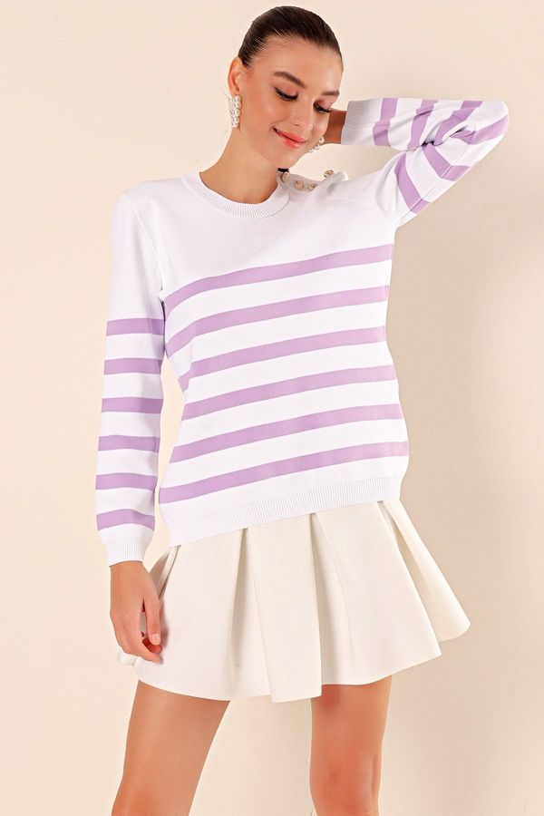 BIGDART 15820 BUTTON DETAIL STRIPED SWEATER - C. LILAC