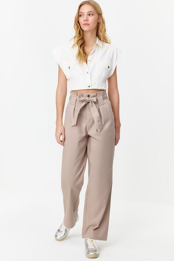 TRENDYOL BEIGE CARROT PATTERN BELTED WOVEN TROUSERS