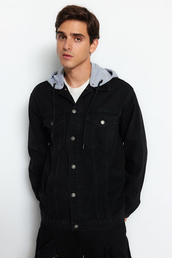 TRENDYOL BLACK REGULAR FIT KNITTED HOODED DENIM JACKET