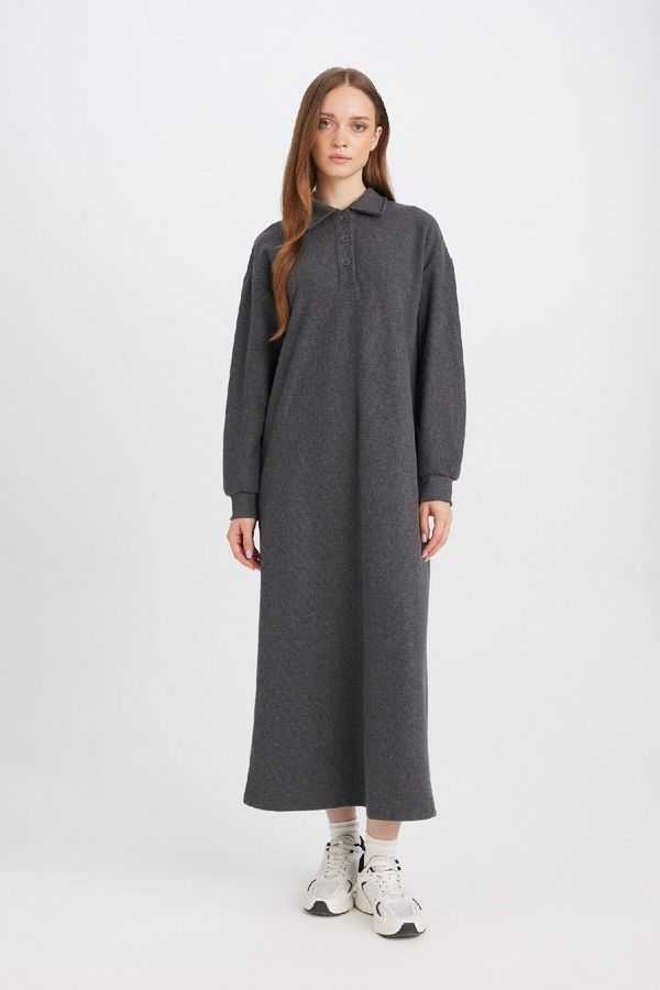 DEFACTO BUTTONED POLO COLLAR BASIC PLAIN LONG SLEEVE THESSALONIKI FABRIC MAXI KNIT DRESS