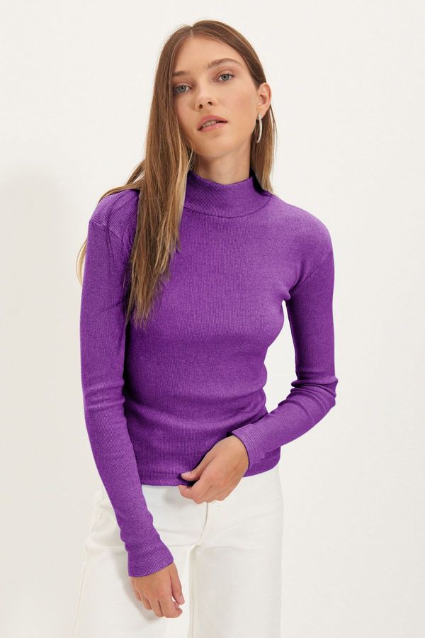 TRENDYOL PLUM FITTED/BODY-SIT STAND-UP COLLAR LONG SLEEVE ELASTIC RIBBED KNIT BLOUSE