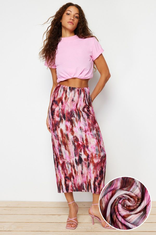 TRENDYOL RED PRINTED REGULAR ELASTIC WAIST PLEATED MAXI KNITTED SKIRT