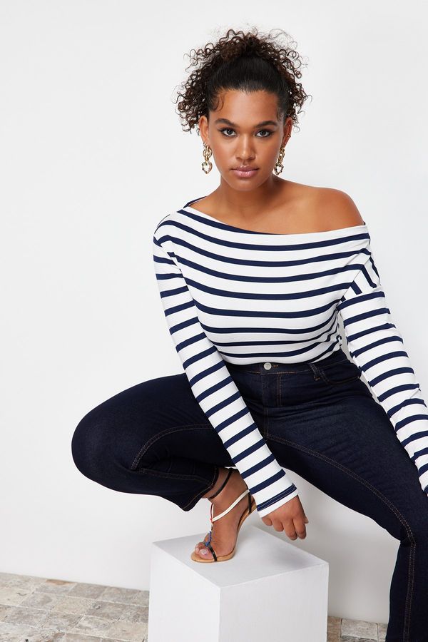 TRENDYOL CURVE NAVY BLUE STRIPED PREMIUM SOFT FABRIC FITTED BOAT/MADONNA NECK STRETCHY KNITTED BLOUSE