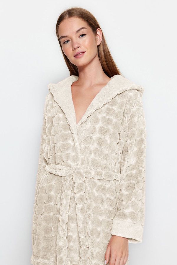 TRENDYOL ECRU BELTED HEART PATTERNED FLEECE KNITTED DRESSING GOWN