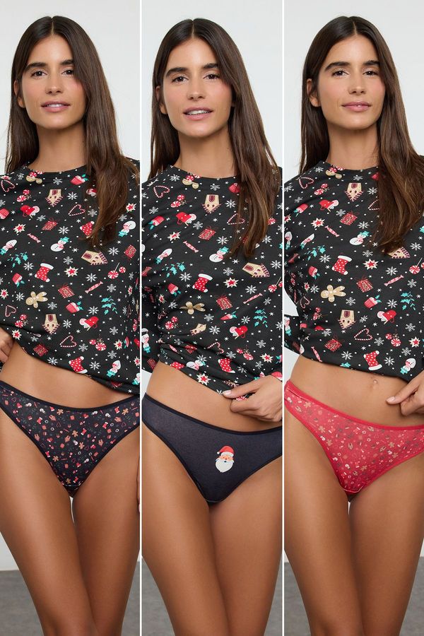 TRENDYOL RED 3-PACK PLAID COTTON THONG KNITTED PANTIES