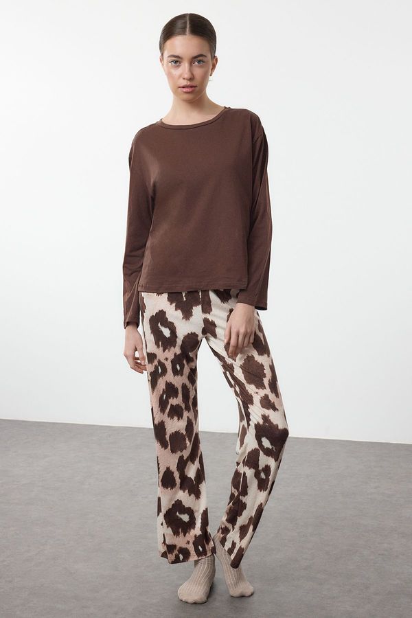 TRENDYOL BROWN 100% COTTON LEOPARD PRINT KNITTED PAJAMAS SET