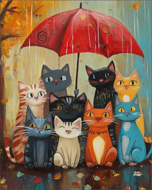 Cats with umbrella, uramljena slika 40x50cm ,50x70cm i 60x90cm