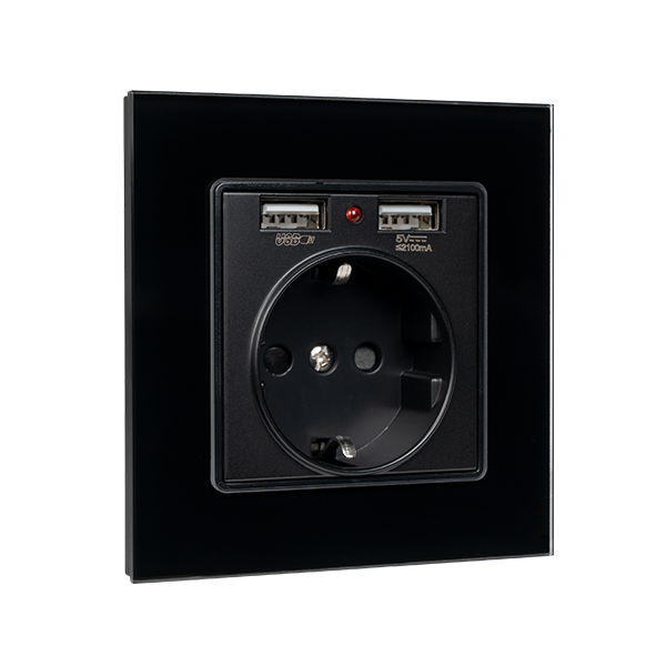 GERMAN TYPE SOCKET 16A WITH 2XUSB GLASS FRAME BL