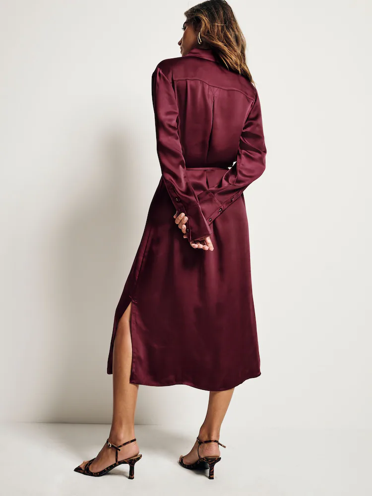 Burgundy Red Satin Midi Shirt Dress