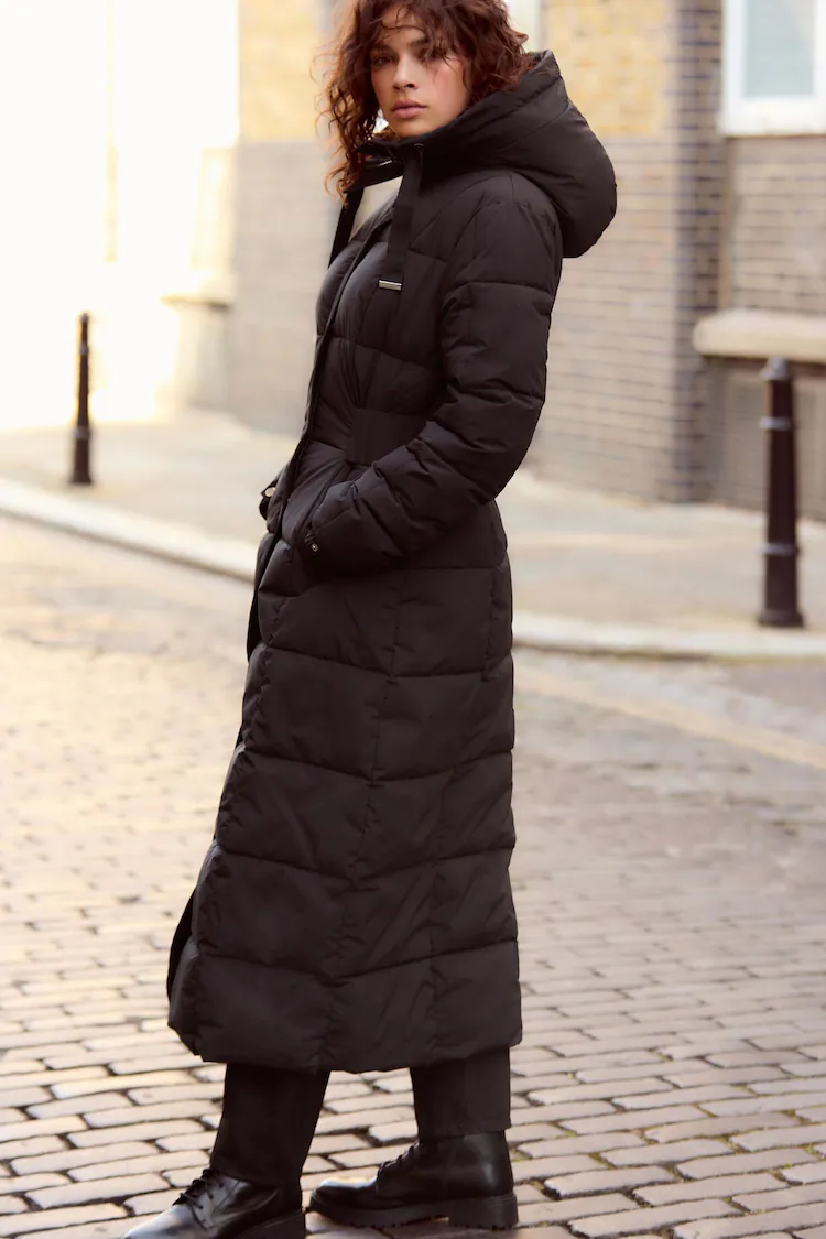 Black Longline Waisted Padded Coat