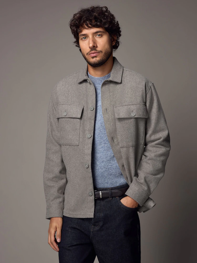 Grey Twin Pocket Shacket Overshirt with Wool