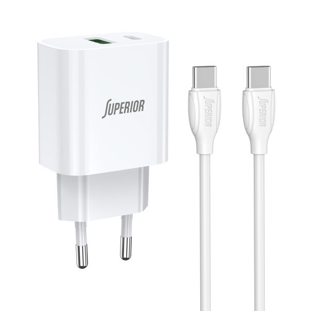 SUPERIOR Kućni punjač SU-P102 20W USB A+Type C sa Type C na Type C kablom, bela