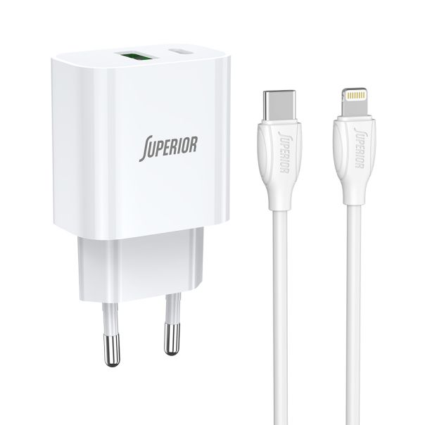 SUPERIOR Kućni punjač SU-P102 20W USB A+Type C sa Type C na Lightning kablom, bela