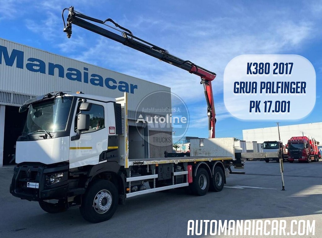 Renault K380 EURO6 6X4 2017 GRUA PALFINGER PK 17.001 SLD kamion s ravnom platformom