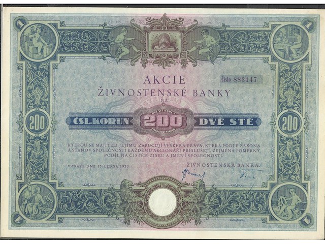 Akcije Zivnostenske Banke na 200 korun,1933