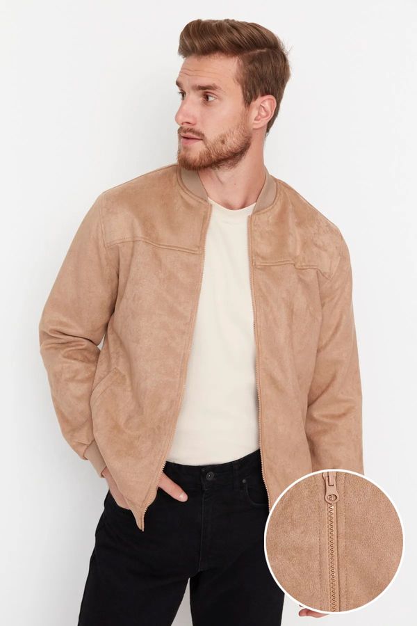 TRENDYOL CAMEL REGULAR FIT ZIPPERED SUEDE COAT