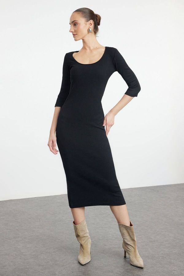 TRENDYOL BLACK FITTED LONG SLEEVE CREW NECK MAXI STRETCHY KNITTED DRESS
