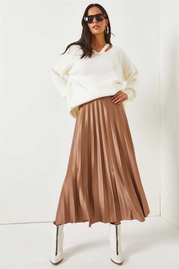 OLALOOK MILK BROWN LEATHER LOOK A-LINE PLEAT SKIRT