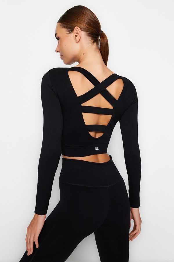 TRENDYOL BLACK SEAMLESS/SEAMLESS BACK AND REFLECTOR PRINT DETAILED CROP KNITTED SPORTS TOP/BLOUSE