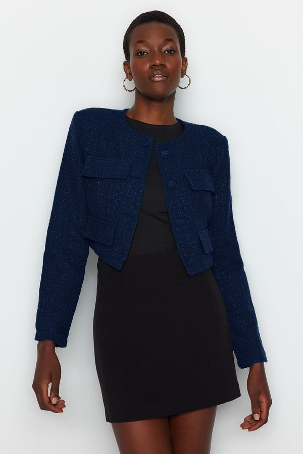 TRENDYOL LIMITED EDITION NAVY BLUE TWEED CROP WOVEN JACKET