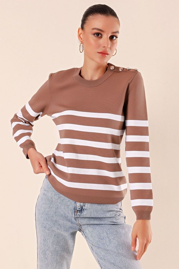 BIGDART 15820 BUTTON DETAILED STRIPED SWEATER - DUSTY ROSE