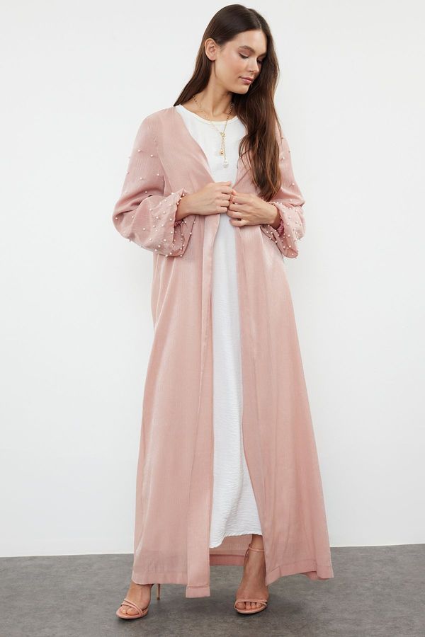 TRENDYOL DUSTY ROSE SHINY FABRIC WITH PEARL DETAIL WOVEN CAP & ABAYA & ABAYA