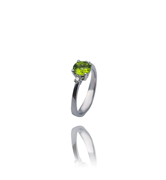 Ženski prsten od Belog zlata sa Brilijantima i Peridotom, 585, 21mm