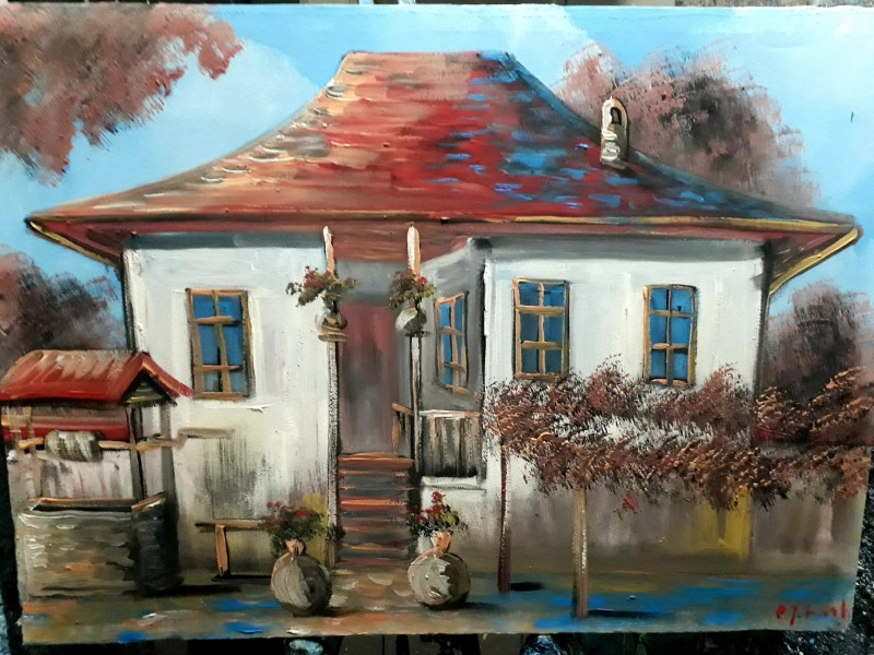 stara kuca sa bunarom 70x50cm ulje na platnu