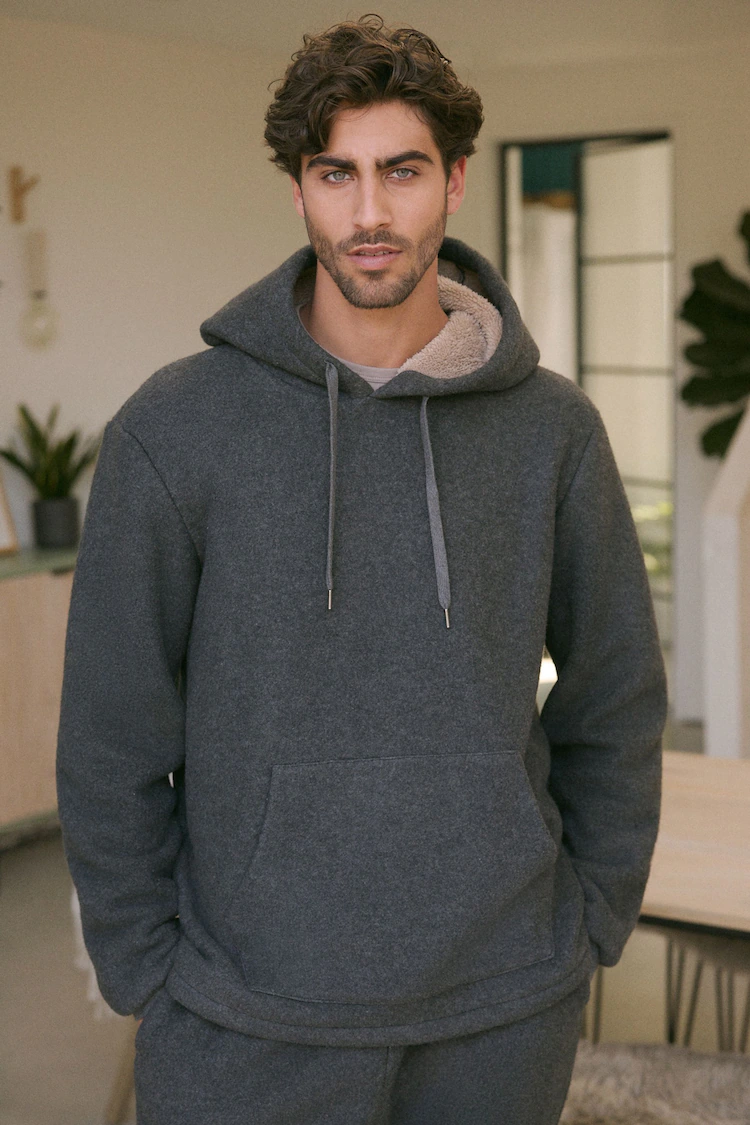 Slate Grey Fleece Borg Lined Brushed Hoodie