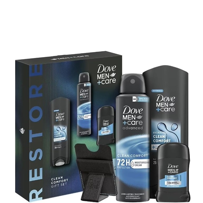 DOVE SET MEN CLEAN COMFORT(DEO 150ML+ GEL 250ML + STIK 50ML + DRŽAČ ZA TELEFON) KUTIJA