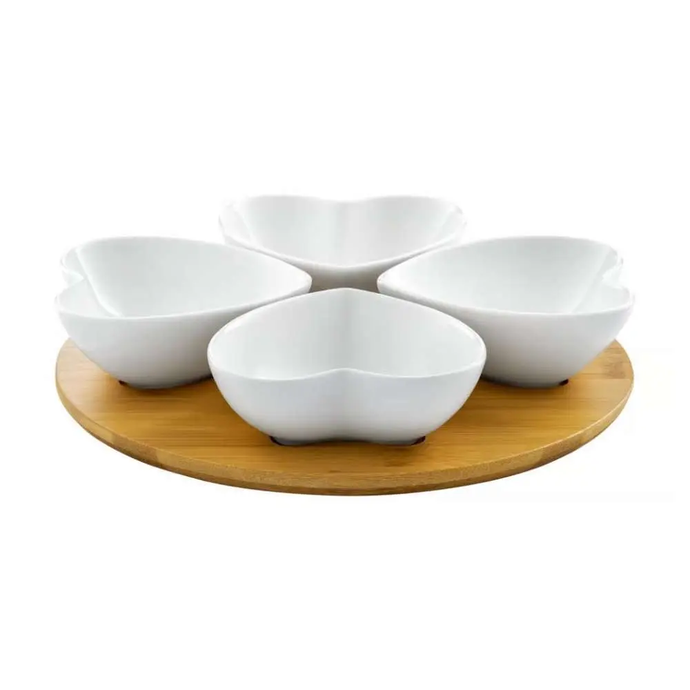 DAJAR DJ45578 PORCELANSKI SET 4 SRCE ČINIJE SA DASKOM OD BAMBUSA