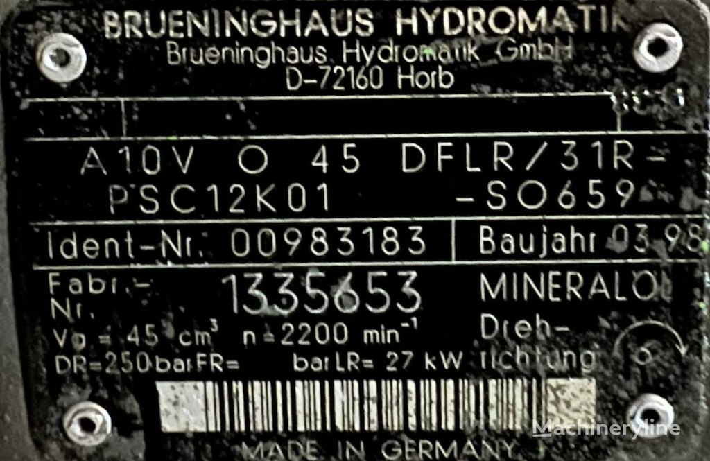 Rexroth Brueninghaus A10V O 45 DFLR /31R-PSC12K01 -SO659 ( R910983183 ) hidraulična pumpa