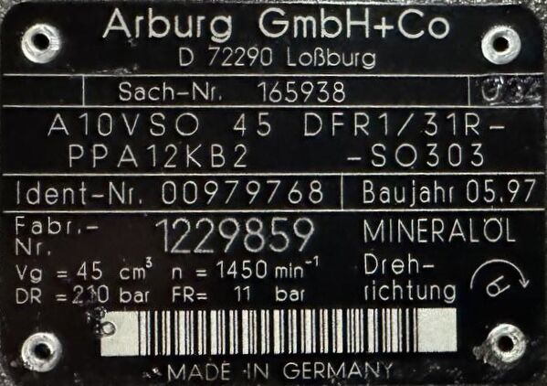 Rexroth Arburg A10VSO 45 DFR1/31R-PPA12KB2 -SO303 ( 00979768 ; 165938 ) hidraulična pumpa